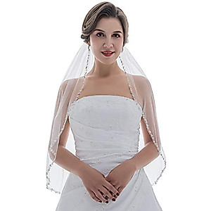 1T 1 Tier Pearls Silver Beaded Wedding Veil - Light Ivory Fingertip Length 36" V413