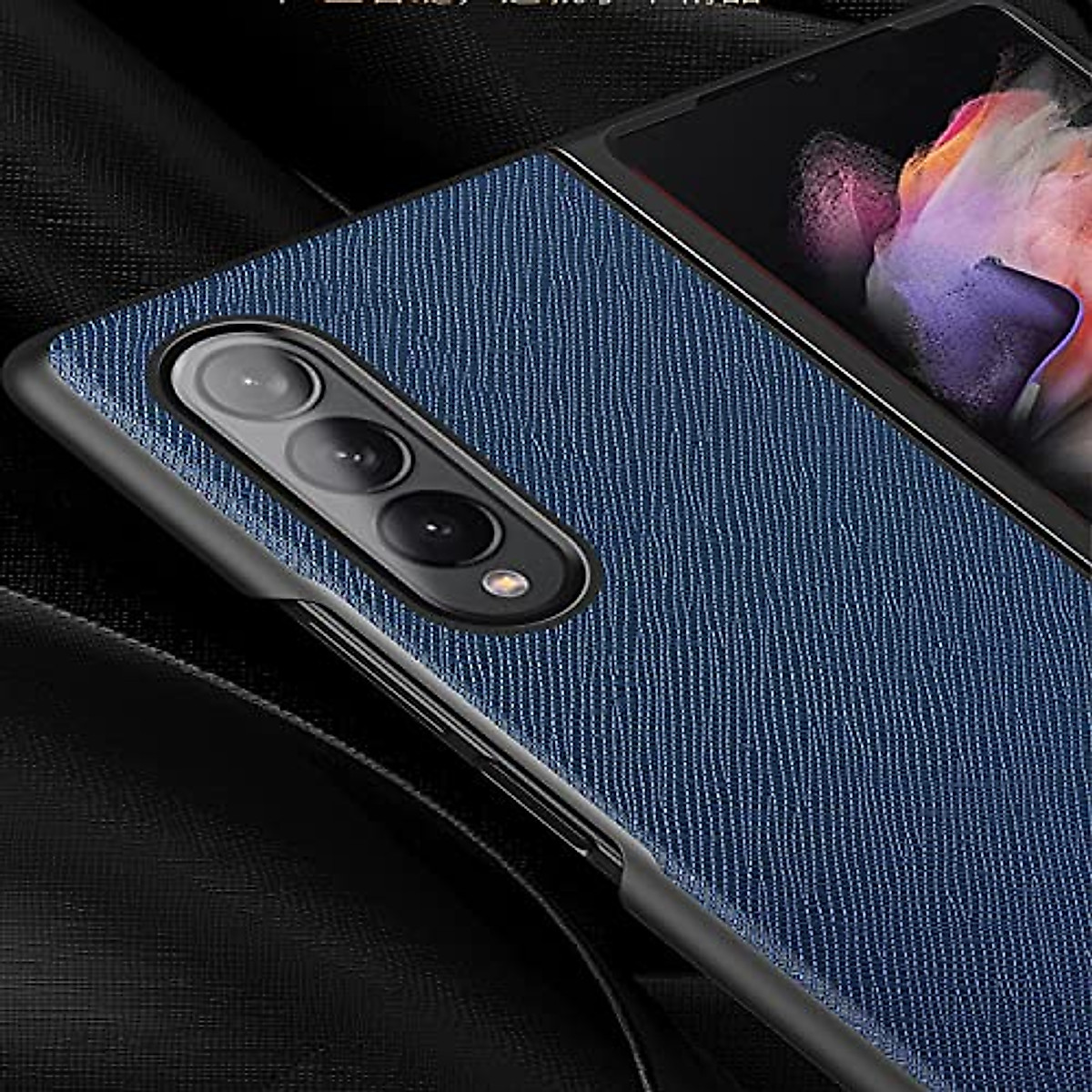 ZYKY Phone Case for Galaxy Z Fold 3, Genuine Leather Protection Cover PC Hard Shockproof Back Cover Protector Case Shell Compatible with Samsung Galaxy Z Fold 3 5G (Blue)