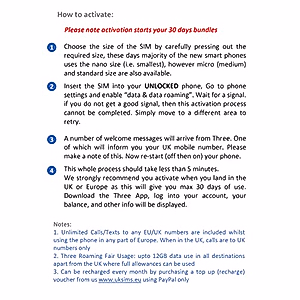 Three UK New PrePaid Europe UK Three SIM Card 25GB Data Un Minutes/Texts for 30 Days with Free Roaming/USE in 71 Destinations Including Europe, South America and