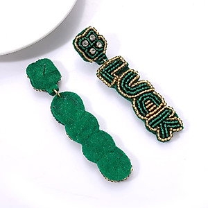 NLCAC 2 Pairs St Patricks Day Earrings Green Beaded Shamrock Earrings Handmade Good Luck Clover Dangle Earrings Funny Irish Holiday Party Jewelry Gifts (Green Gold)