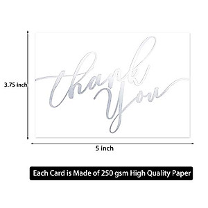 60 Pack Silver Thank You Cards -Elegant Greeting Cards With ‘’Thank you’’ Embossed In Silver Letters -Baby Shower, Bridal, Wedding Thank You Cards -Include 60 Envelope - 3.75'' x 5'' inch