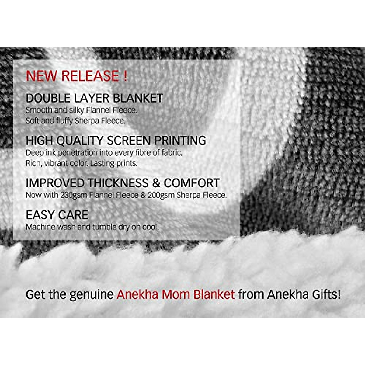 Anekha Mom Blanket – Double Layer Sherpa Fleece – Soft Fluffy Throw, Quality Print – 'Thank You Mom, I Love You' – from Daughter, Son – Gift for Birthday, Mother's Day, Christmas, etc. (Smoky Grey)