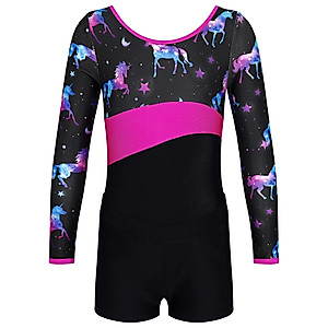 Moily Girls Kids Digital Printed U Neck Gymnastics Leotard with Shorts Athletic Biketard Ballet Dancewear Night Pegasus 8 Years