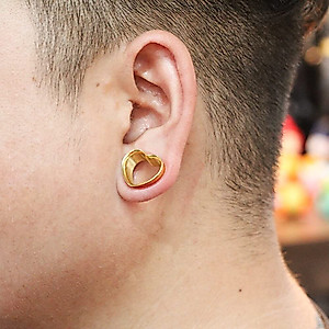 LADEMAYH 2 PCS Heart Ear Plugs Tunnels Body Piercing Basic Gauges for Women - Gold Stainless Steel 316L Pierced Hangers Earrings for Stretched Earlobe 10mm=00g