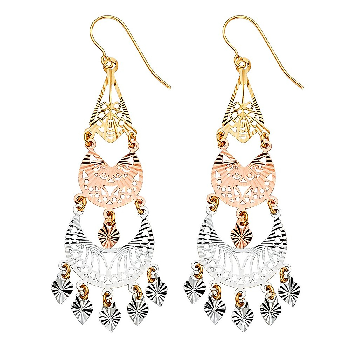 GoldenMine 14k Tri Color Gold Filigree Chandelier Earrings (57 x 21 mm)