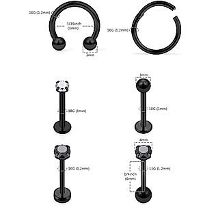 Lcolyoli 10pcs Tragus Earring Stud 16g 18g Surgical Steel & Clear Diamond CZ Conch Helix Cartilage Barbell Piercing Jewelry for Women 6mm Black