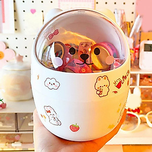 YoBuyBuy Desktop with Lid Trash Can Mini Kawaii Cute Bear Trash Bin Storage Box Girl Pen Holder Storage Bucket with Top, White