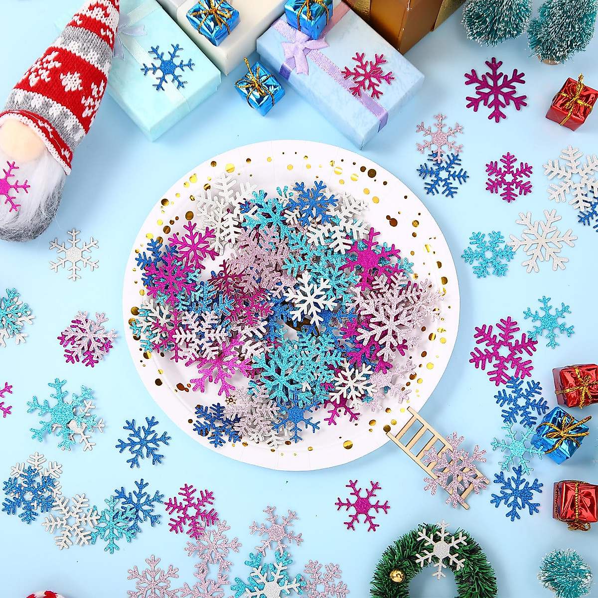 Pasimy 200 Pcs Snowflakes Confetti Decorations frozen birthday confetti winter wonderland christmas table decor glitter snow confetti for Birthday Wedding New Year Xmas Holiday surprise party supplies