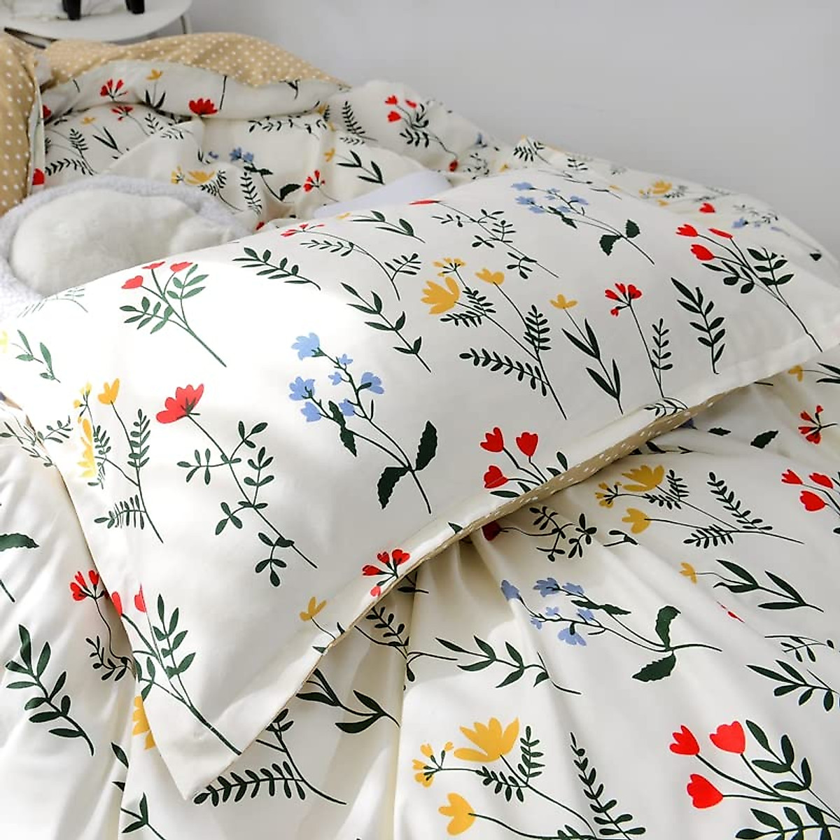 DECOVOGUE Red Yellow Floral Pattern Duvet Cover Set, Green Leaves Printed Decor Microfiber Soft for Kids Girls Boys Girls Man Women, Nature Botanical Comforter Sheets and Pillow Cases (Twin)