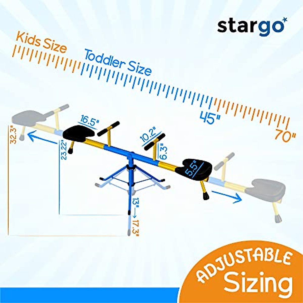 360 Swivel Spinning Seesaw for Kids, Teeter Totter with Adjustable Frame 46-70”, Indoor or Outdoor Playground Equipment