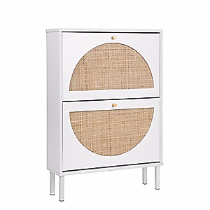 Natural Rattan Shoe Cabinet with 2 Flip Drawers, Entrance Hallway Slim Entryway Shoe Organizer, White Shoe Rack Storage Cabinet for Modern Heels, Boots, Slippers