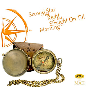 Second Star to The Right J. M. Barrie, Peter Pan Engraved Handmade Brass Compass for Birthday, Graduation Day, Confirmation Gift, Valentine Gift Parting Gift and Campion, Hiking Compass with Case