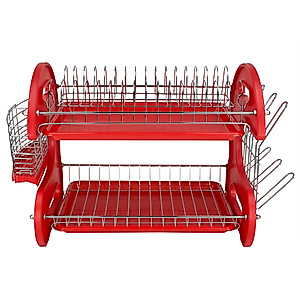 2 Tier Dish Drainer, By Home Basics (Red) Dish Rack For Kitchen Counter, With Cutlery Holder and Cup Slots
