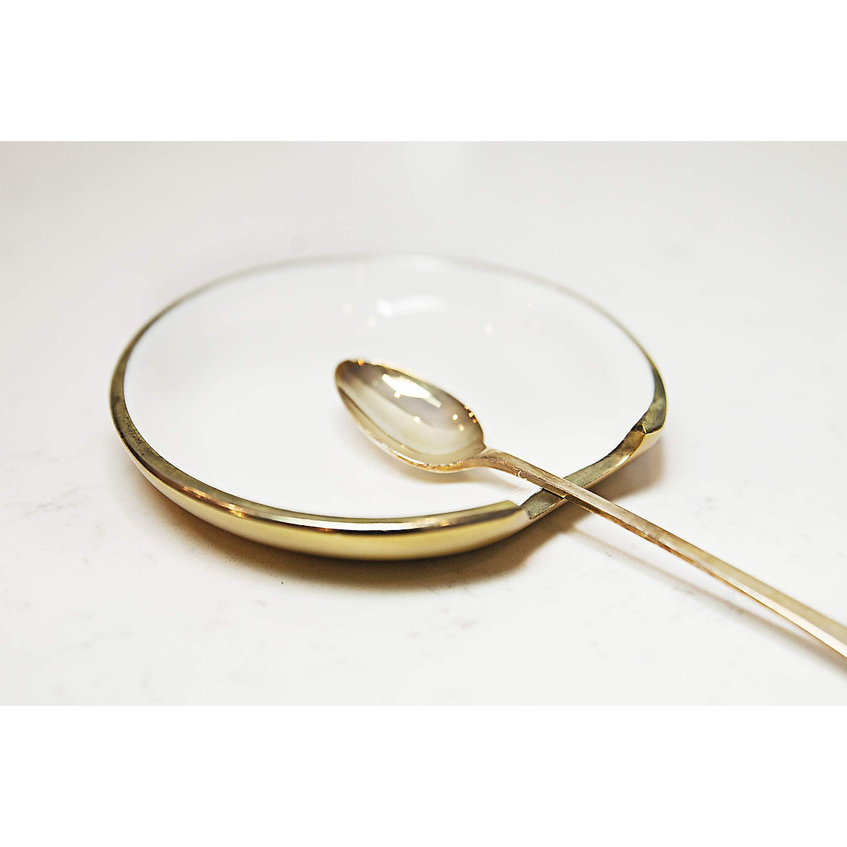 Alchemade White Spoon Rest - Stylish Brass And Enamel Aesthetic Cooking Spoon Holder In A Mid-century Style For Your Kitchen - Jewelry Trinket Holder For Your Bedroom Or Soap Dish For Your Bathroom