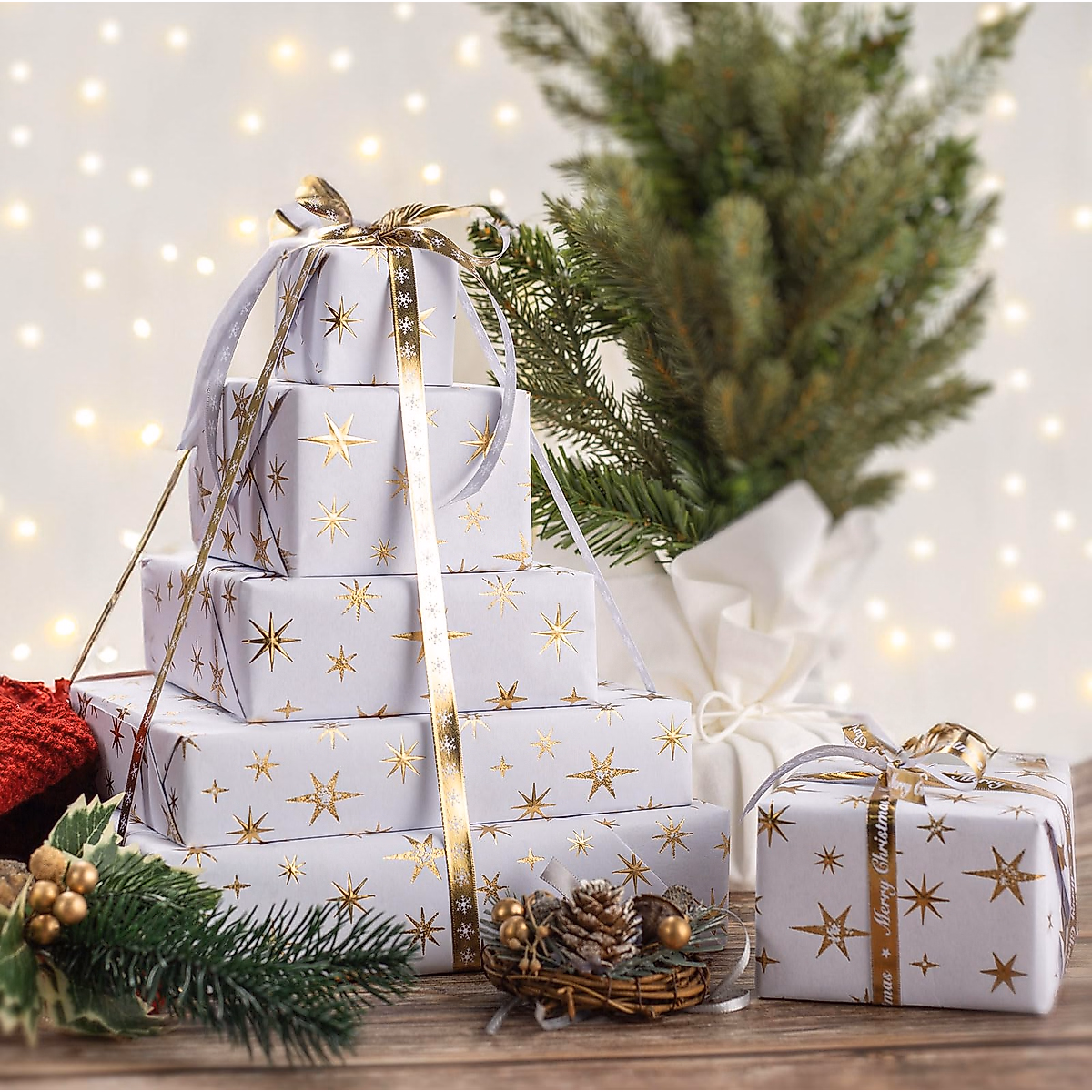 Flyhill White Wrapping Paper-17inch*197inch（ 23.4sq.ft.ttl Per Roll - White Gold 3D Embossed Foil Star Pattern for Christmas,Birthday, Party,Wedding,Bridal Shower Shower,Thanksgiving