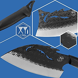 XYJ Authentic Since 1986,Vegetable Santoku Knives Set,Meat Butcher Knife With Holster,Roll Bag,Whetstone,Honing Steel,Kitchen Chef Knife,Camping Slice Knives,Full Tang,High Carbon Steel (Black)