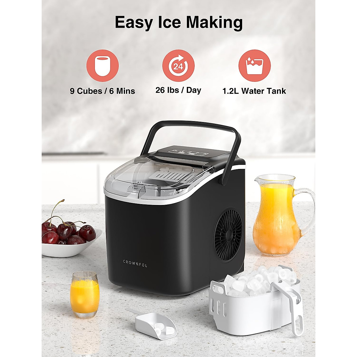 CROWNFUL Ice Maker Countertop, Portable Self-Cleaning Ice Maker Machine with Handle, Scoop and Basket, 9 Bullet Ice Cubes in 6 Mins, 26lbs/24H, Ideal for Home, Kitchen, Office, Bar, Party