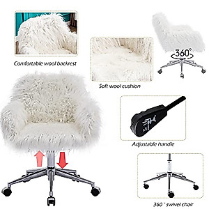 KCC Fluffy Office Desk Chair, Faux Fur Modern Swivel Armchair with Wheels, Soft Comfy Fuzzy Elegant Accent Makeup Vanity Chairs for Women Girls, Home Living Dressing Room Bedroom, White
