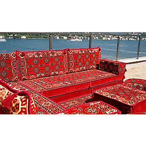 Red L Shaped Corner Arabic Sofa Seating, Arabic Majlis, Sectional Sofas, Moroccan Livingroom Home Decor, Turkish Floor Sofas (L Sofa Full Set)