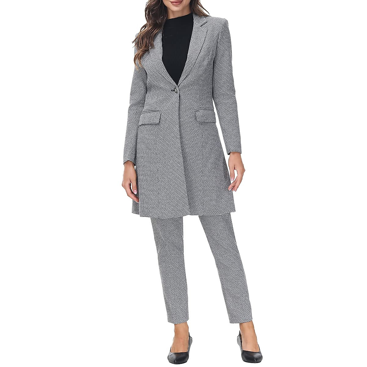 MODFUL Women's 2 Piece Long Blazer with Pants Set Small Plaid Elegant Suit Set for Casual Business Office(Grey,Medium)