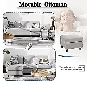 Meilocar Sofa Couch, 79" Sectional Convertible L Shaped Couch with Reversible Ottoman, 3-Seat Sofa Sectional with Removable Armrest for Living Room, Apartment, Small Space, Light Grey