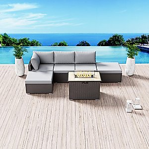 Dineli Patio Furniture Set Sofa Outdoor Furniture Set Sectional Couch Fire Pit Table Balcony Furniture Patio Table and Chairs Set with Propane Fire Pit (Light Gray, 6 pcs/firepit Table)