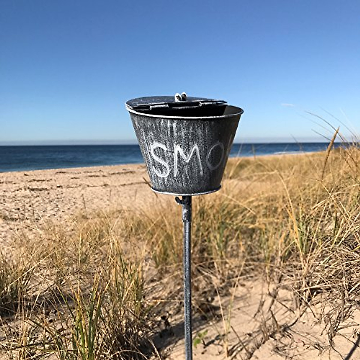 Outdoor Smoke Ashtray, Lidded Bucket on Stake with Prong Post, Garden Party Style, Gray Lacquered Iron, Rustic and Weathered Patina, 6 D x 43 1/4 H Inches