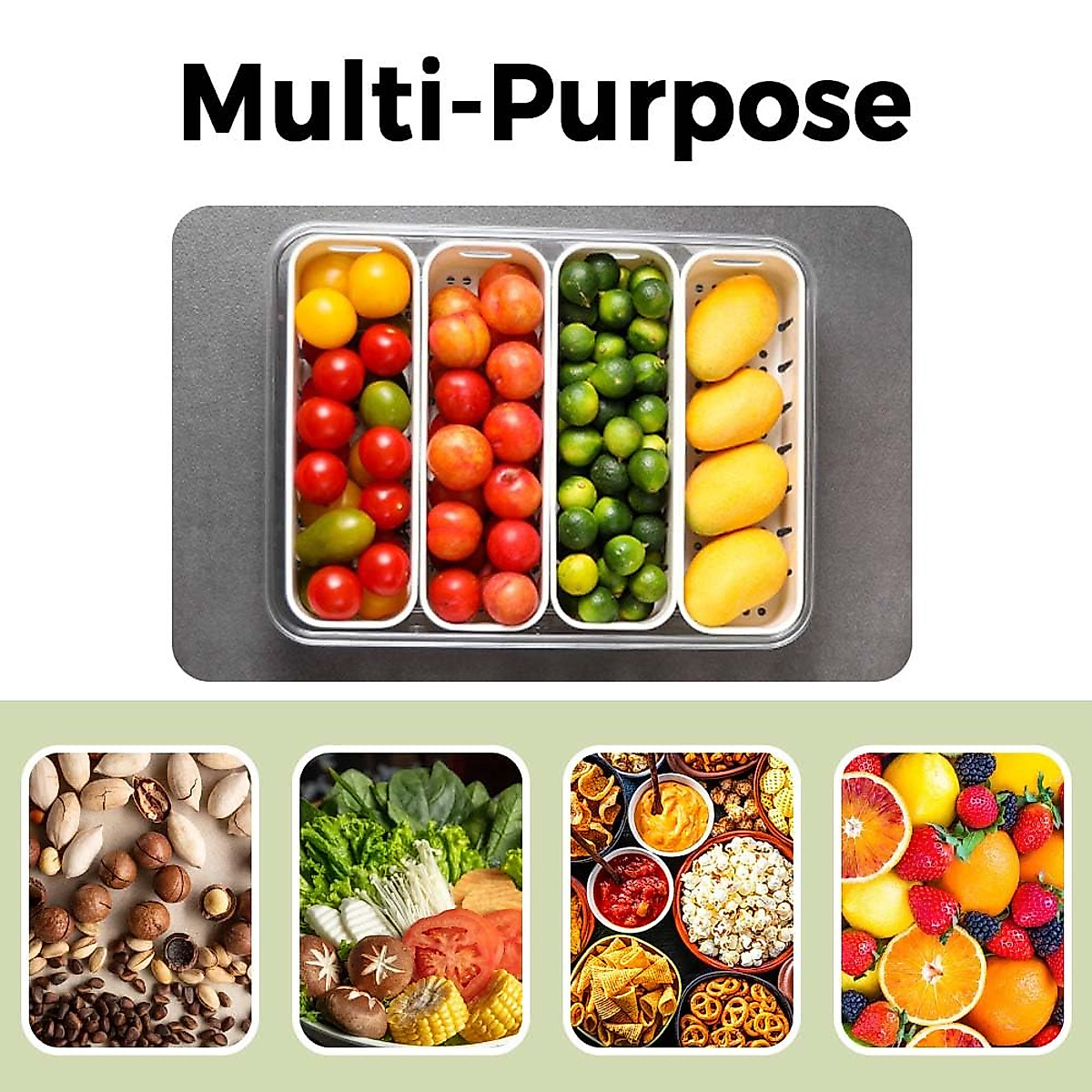 MININAI Divided Serving Tray with Lid and Handle, Snack Box Charcuterie Container Portable Fridge Organizer for Fruits, Veggie, Candy, Nuts, Picnic, Party (2), White