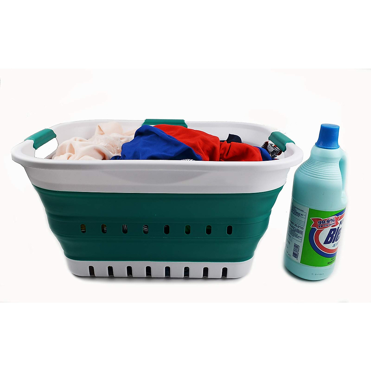 SAMMART Set of 2-30L (8 gallon) Collapsible Plastic Laundry Basket - Foldable Pop Up Storage Container/Organizer - Portable Washing Tub - Space Saving Hamper/Basket (2, Grey + Dark Green)