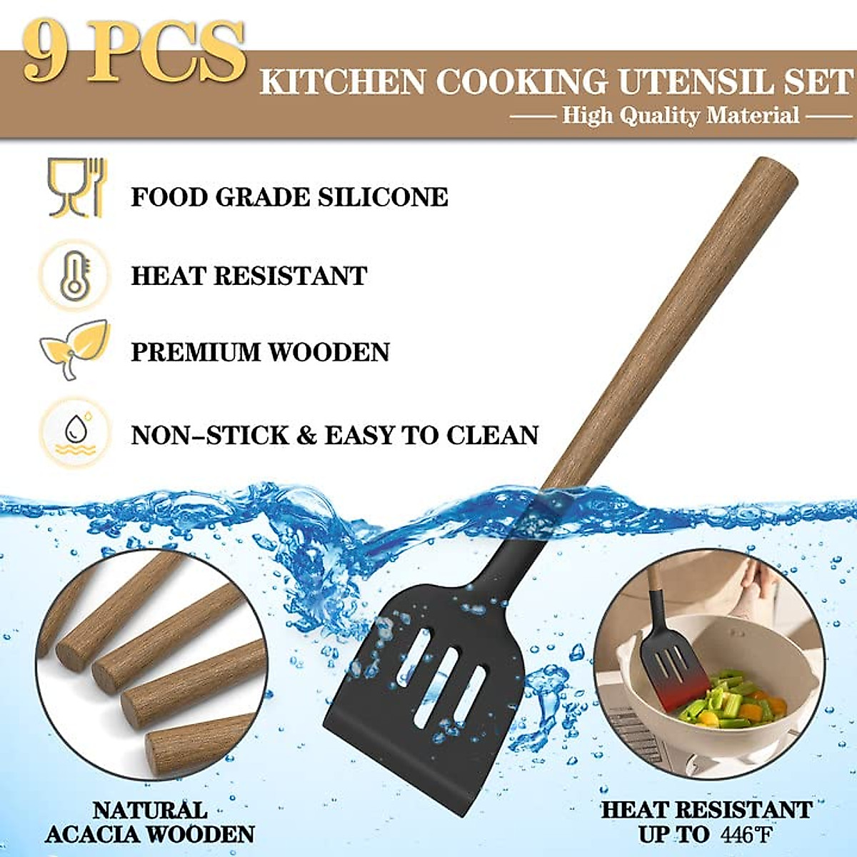 Silicone Kitchen Cooking Utensil Set, 9Pcs Kitchen Utensils Spatula Set with Wooden Handle for Nonstick Cookware, 446°F Heat Resistant Silicone Kitchen Gadgets Utensil Set with Large Holder（Black）