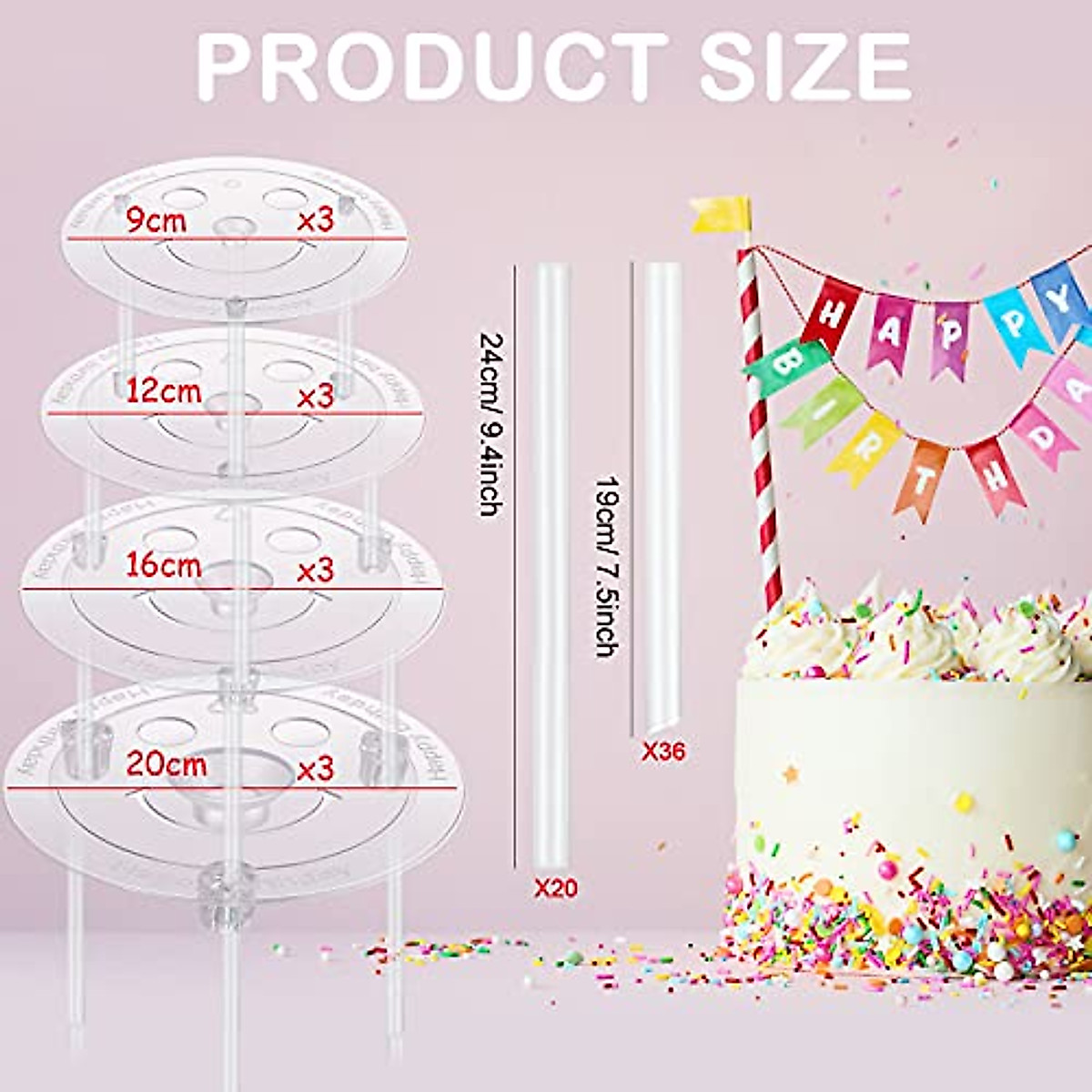 68 Pieces Cake Tier Stacking Kit 12 Pieces Cake Separator Plates for 4, 5, 6, 8 Inch Cakes with 20 Pieces White Plastic Cake Sticks Support Rods, 36 Pieces Clear Cake Stacking Dowels for Tiered Cakes