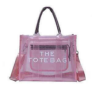 UMRFNO Clear Tote Bags for Women PVC Transparent Mesh Tote Bag With Zipper Fashion Purse Tote Bag Shoulder Handbags (Light Pink)
