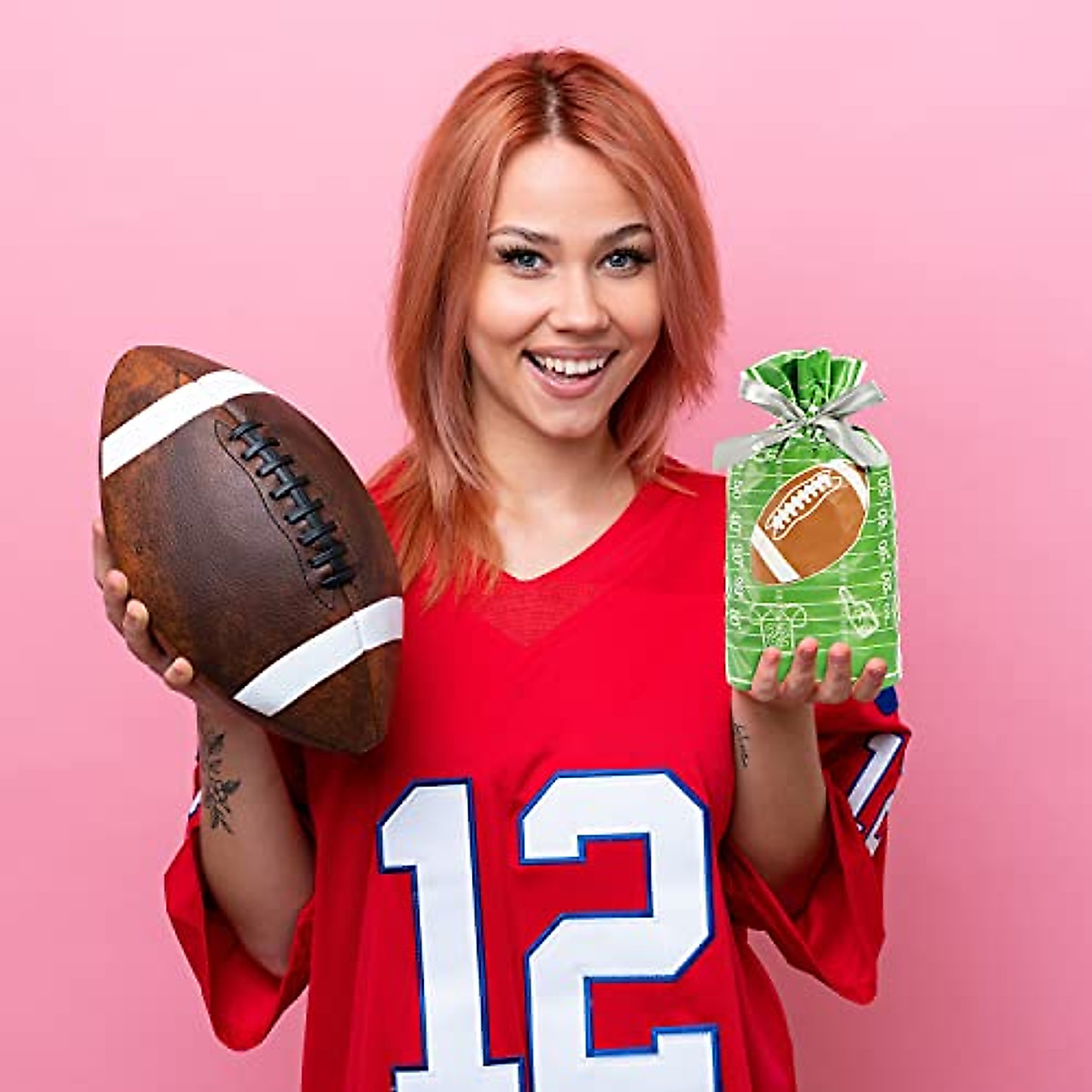 GITMIWS 40Pcs Football Goodie Party Favors Bags- 9'' Football Drawstring Plastic Goody Treat Bags for Boys Kids Birthday Theme Party Supplies Decorations (2 styles, Green)