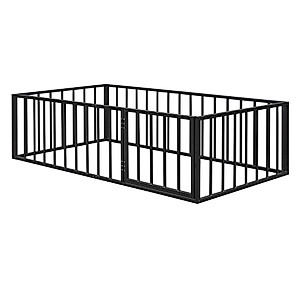 Twin Size Floor Bed for Kids, Montessori Beds with Rails and Door, Metal Playhouse Bed Frame with Fence for Boys Girls, Black