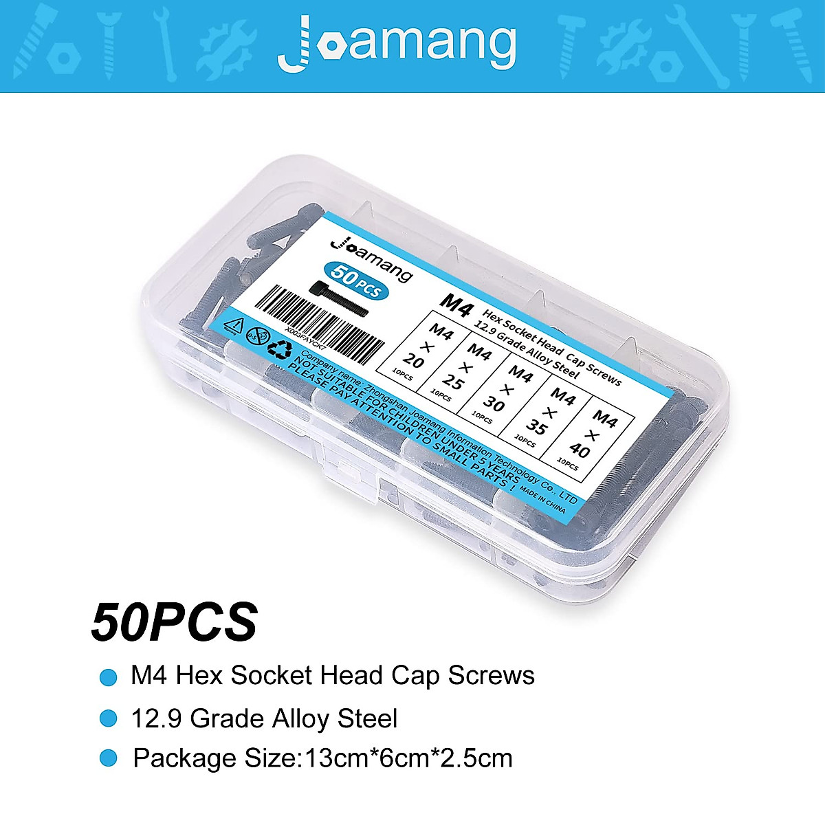 Joamang M4 x 20mm 25mm 30mm 35mm 40mm Hex Socket Head Cap Screws Bolts, 12.9 Grade Alloy Steel, Black Oxide Finish, Metric Allen Hex Drive, Fully Threaded, Assortment Kit 50Pcs