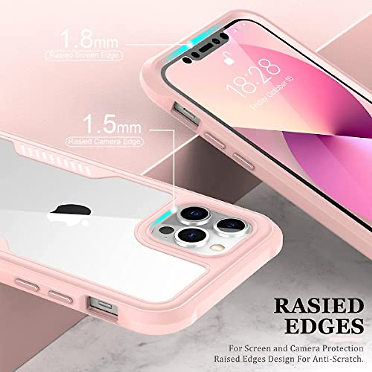 FUNMIKO iPhone 13 Pro Max Case with Screen Protector,Mili-Grade Heavy Duty Protection Pass 21ft. Drop Tested Slim-fit Clear Cover Protective Phone Case for Apple iPhone 13 Pro Max 6.7" Light Pink