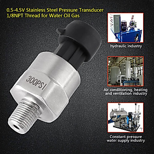 300 PSI Pressure Transducer Sender Sensor with Connector 1/8" NPT Thread Stainless Steel Pressure Transducer for Oil Fuel Air Water (300PSI)