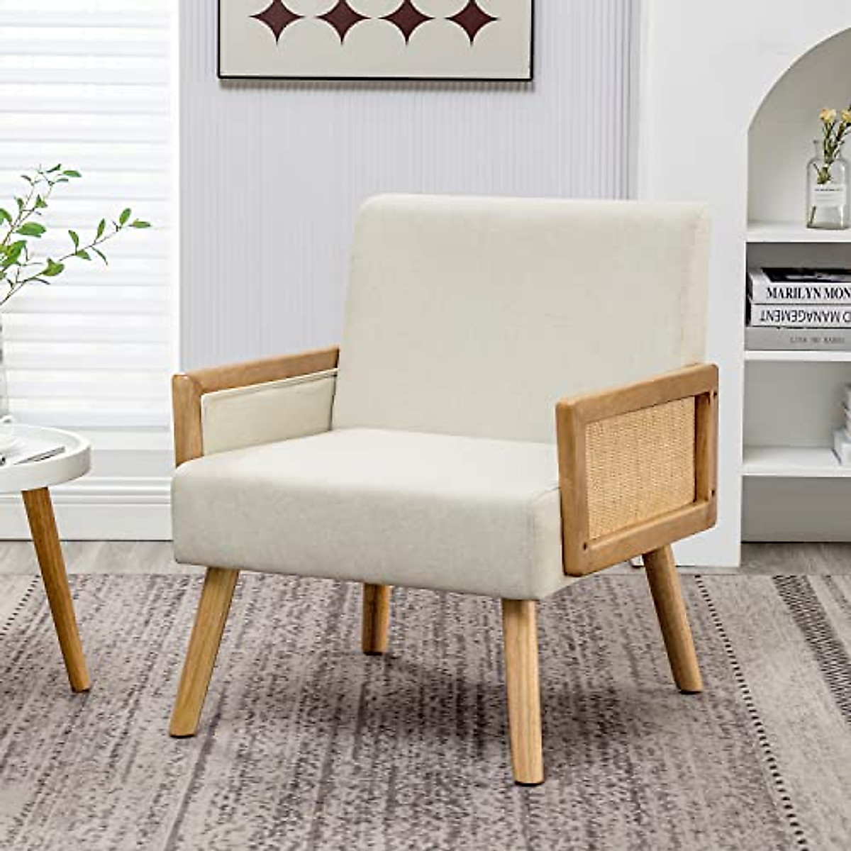 MELLCOM Beige Rattan Chair, Mid Century Modern Accent Chair, Upholstered Chairs with Bamboo Knitting and Solid Wood Legs, Comfy Linen Fabric Armchair for Club, Living Room, Bedroom,Beige-26.4''w