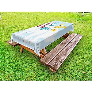 Ambesonne Bear Outdoor Tablecloth, Christmas Time at North Pole Theme 3 Funny Characters with Scarves and Trumpet, Decorative Washable Picnic Table Cloth, 58" X 84", Multicolor
