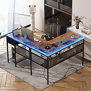 SUPERJARE L Shaped Desk with Power Outlets & LED Lights, Computer Desk with Storage Shelves & Fabric Drawer, Reversible Corner Desk with Bookshelf, Home Office Desk, Rustic Brown