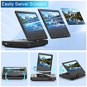 9.5" Portable DVD Player with 7.5" Swivel Display Screen, 5-Hour Built-in Rechargeable Battery, Car DVD Player,Supports SD Card/USB/CD/DVD and Multiple Disc Formats, High Volume Speaker,Black……