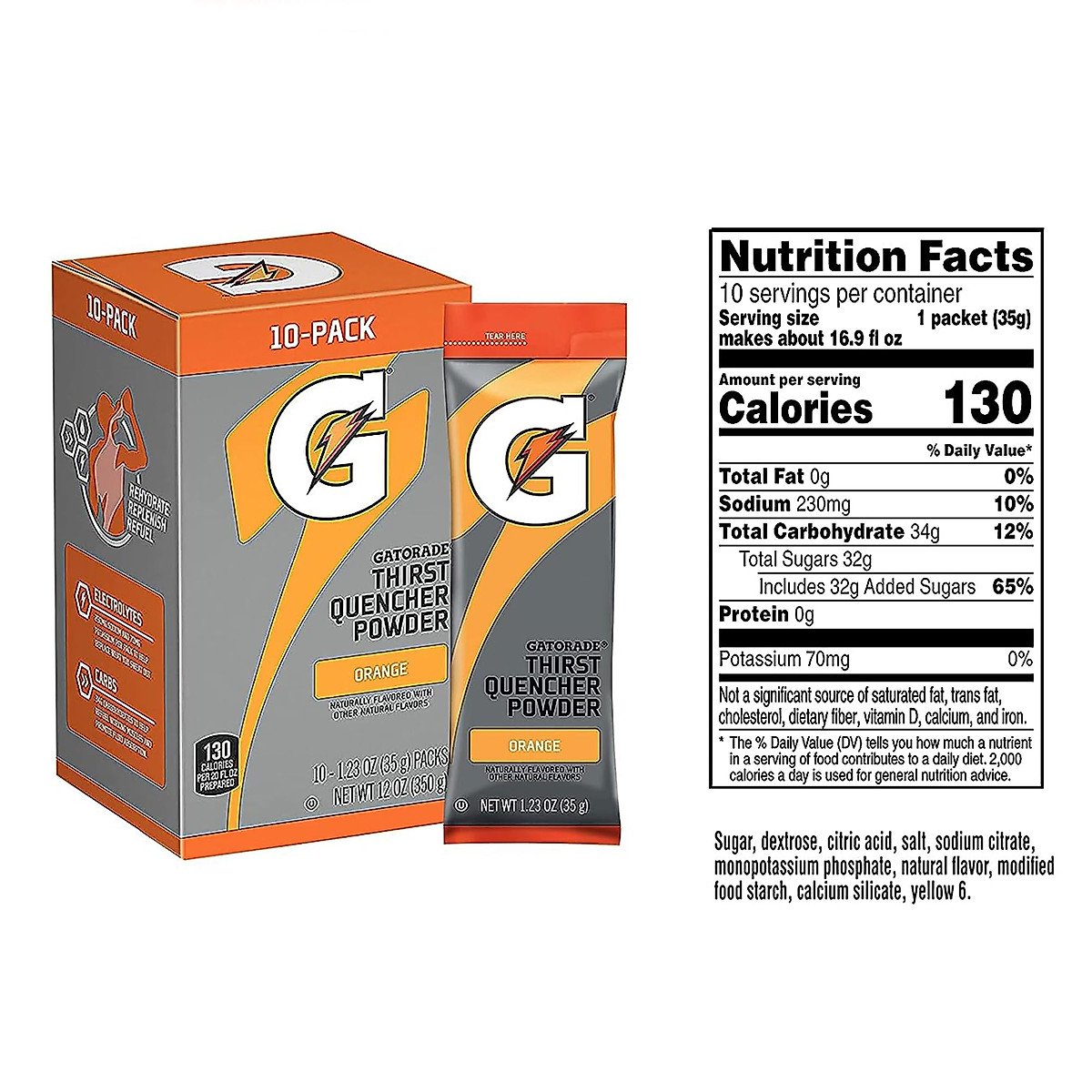 Gatorade Thirst Quencher Powder Sticks, Orange, Total of 20 Counts, 1.23oz Gatorade Powder Packets with Electrolytes (2 Packs of 10)