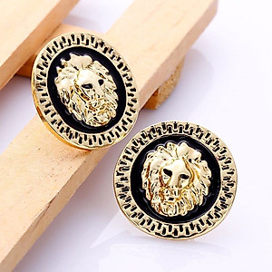 Yellow Gold Plated Black Round Earrings Stud Push Back Lion 1" L319