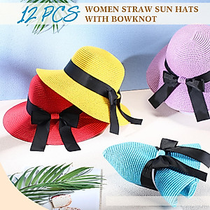 Pasimy 12 Pcs Women Straw Sun Hats with Bowknot Panama Wide Brim Roll up Hat for Women Girls Foldable Floppy Hat Summer Cap for Beach Travel Outdoor Pool Multicolor