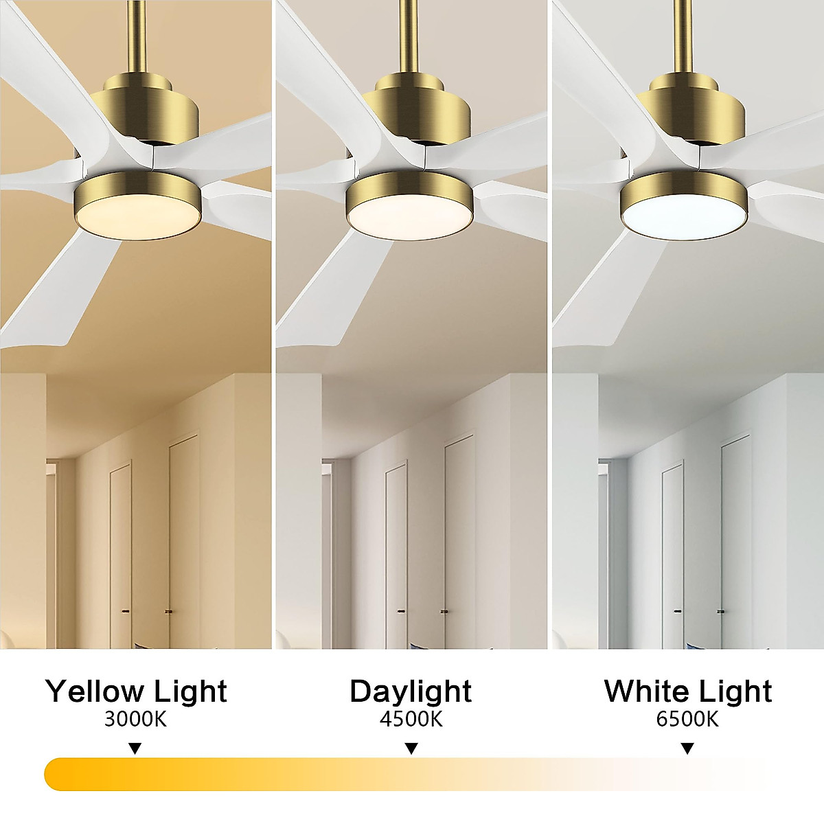 ELEHINSER 60" Modern Ceiling Fan with Lights and Remote Control, 5 Solid Wood Blades 6-Speed Noiseless Reversible DC Motor, Ceiling Fan for Bedroom Dinning Living Room, Gold Finish with White Blade