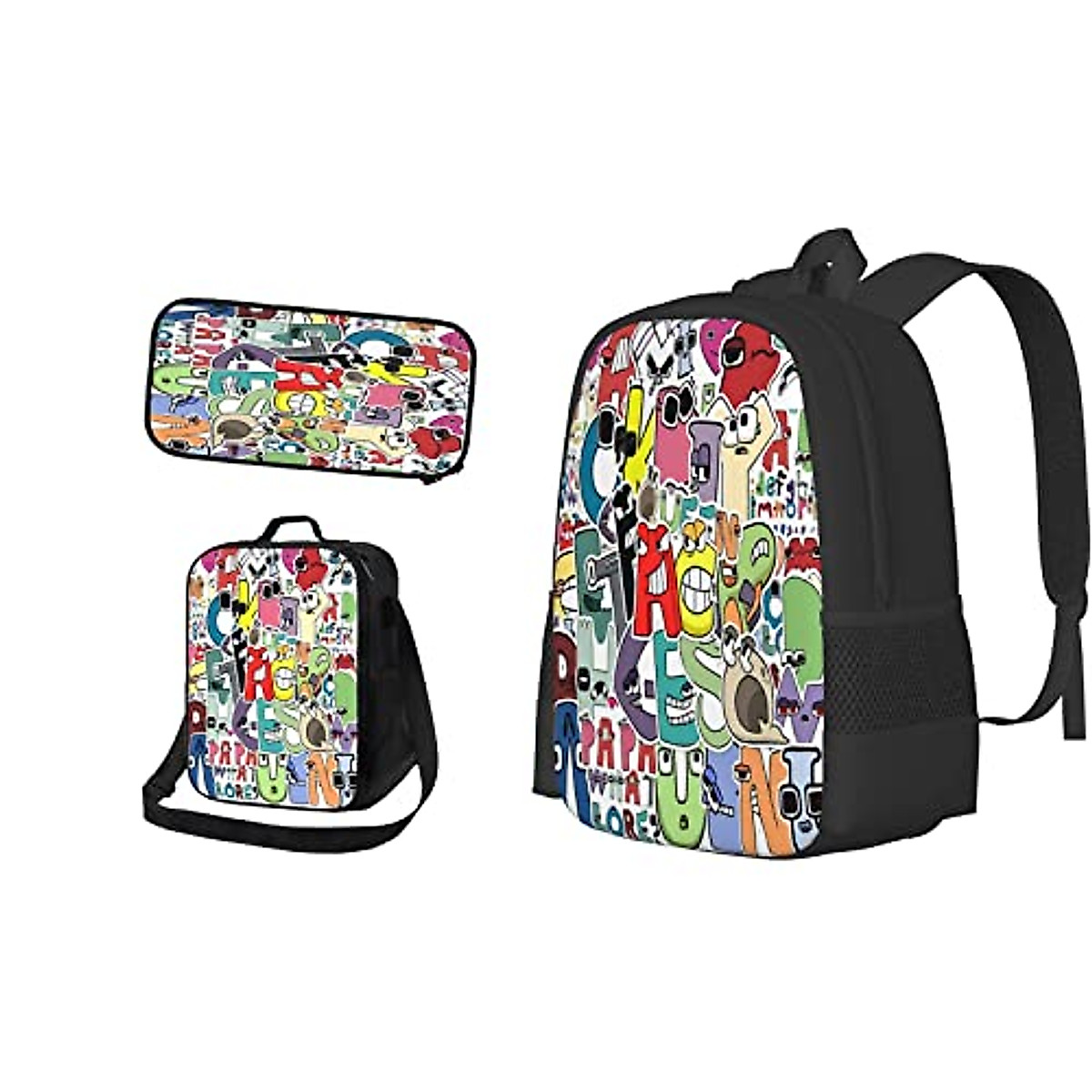 FNASFIA Alphabet Lore 3 Piece Backpack Set, Cartoon Alphabet Backpack Pencil Case Lunch Bag Casual Backpack Combo Unisex