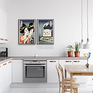 mifyuibytr Funny Japanese Cat Wall Art Set of 2-12x16in, Vintage Japanese Geisha Yelling at Cat Posters, Fun Asian Anime Cat Meme Prints Painting, Kitchen Wall Artwork Unframed