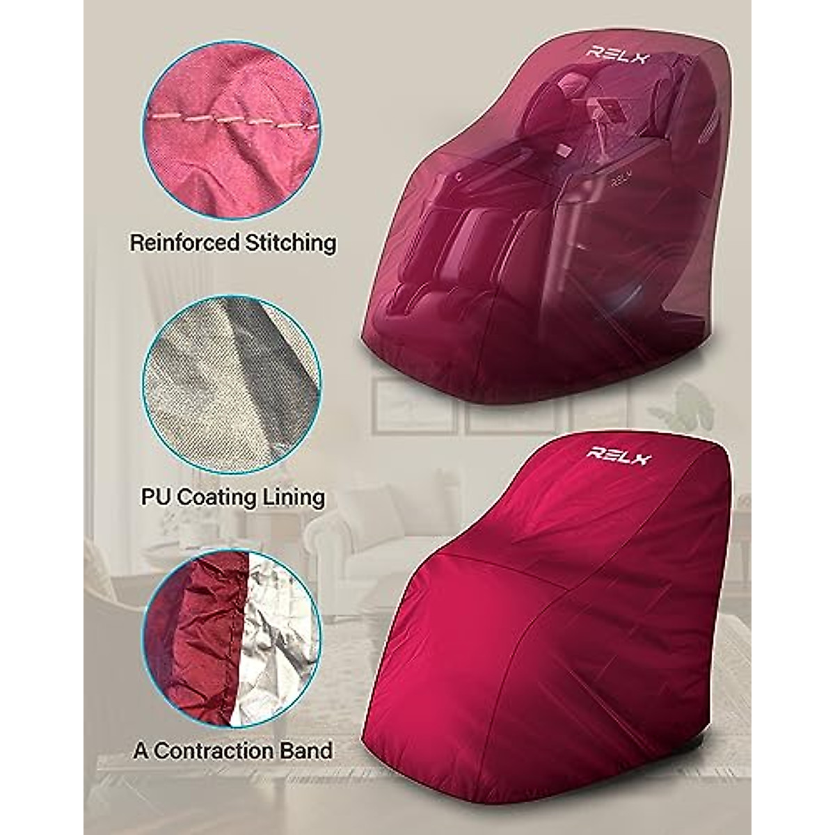 RELX Massage Chair Cover, Full Body Shiatsu Massage Chair Cover with Drawstring, Waterproof & Dustproof Cover, Removable Shield, Storage, Machine Washable (Red)