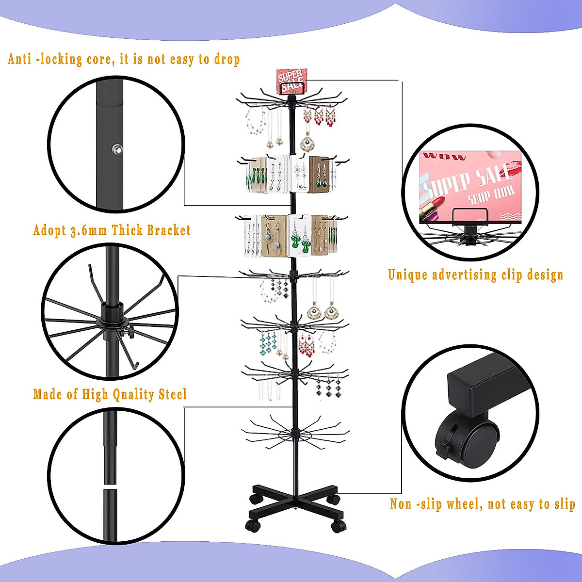 HomeToDou Upgraded Retail Display Rack with Card Clip,7 Tier Craft Show Racks,Store Display Shelves,Adjustable Rotating Stand,Jewelry Keychain Socking Hats,Movable Shop Spinner for Toys Show(Black)