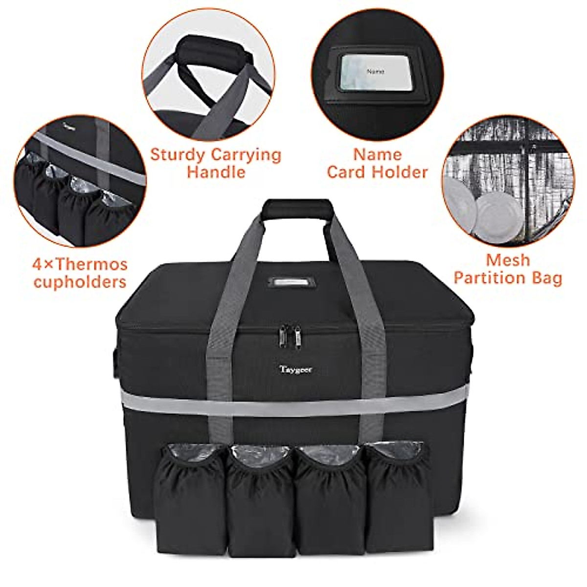 Insulated Food Delivery Bag with 4 Cup Holders, Large Warm & Cooler Shipping Bag, Catering Thermal Bag for Cold and Hot Food Transport, Grocery Bags for Pizza Delivery, Beverages, Uber Eat, Camping